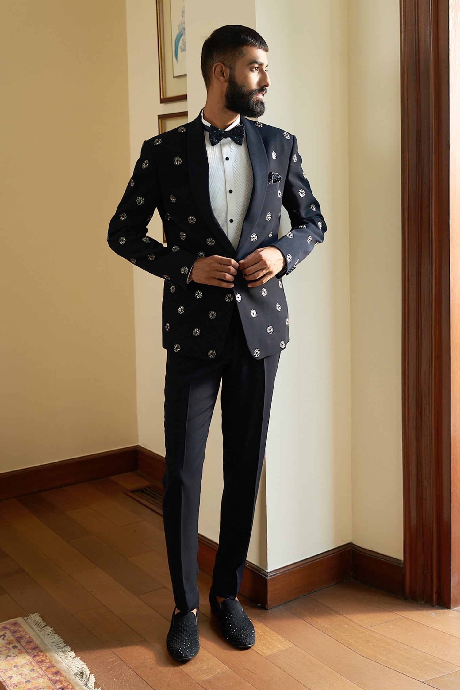 Buy Black Italian Suiting Embroidered Floral Monogram Tuxedo Pant Set For Men by Contrast By ...