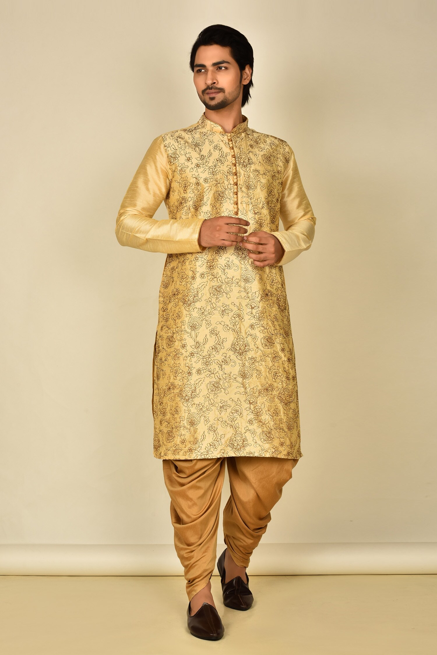Buy Beige Heavy Dupion Art Silk Embroidered Floral Kurta Set For Men by ...