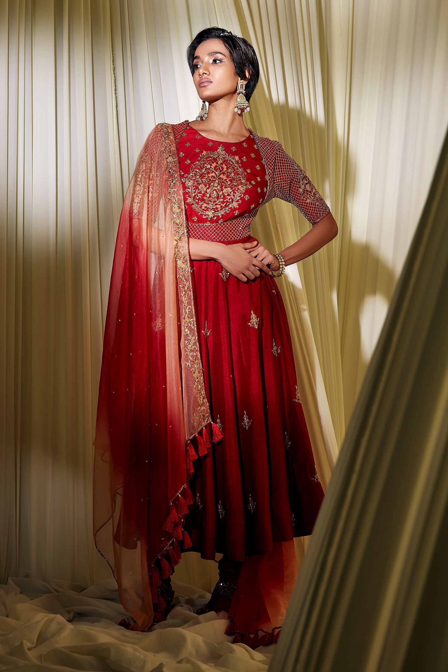 Buy Red Silk Embroidered Cutdana Round Kalidar Kurta Set For Women by ...