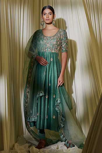 Buy Green Silk Embroidered Zardozi Round Kalidar Kurta Set For Women by ...