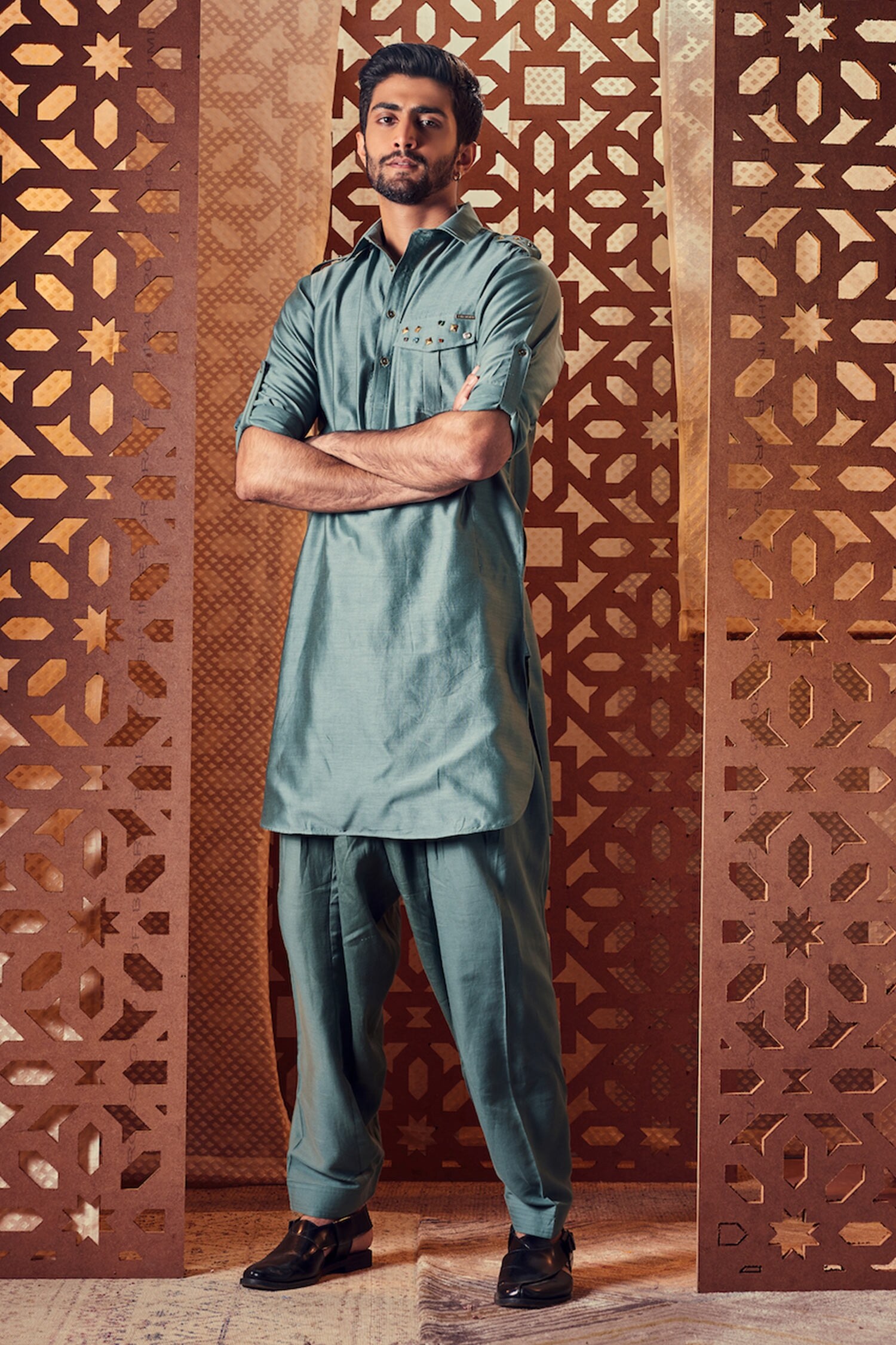 Buy Green Kurta Chanderi Embroidered Stud Pathani Set For Men by ...