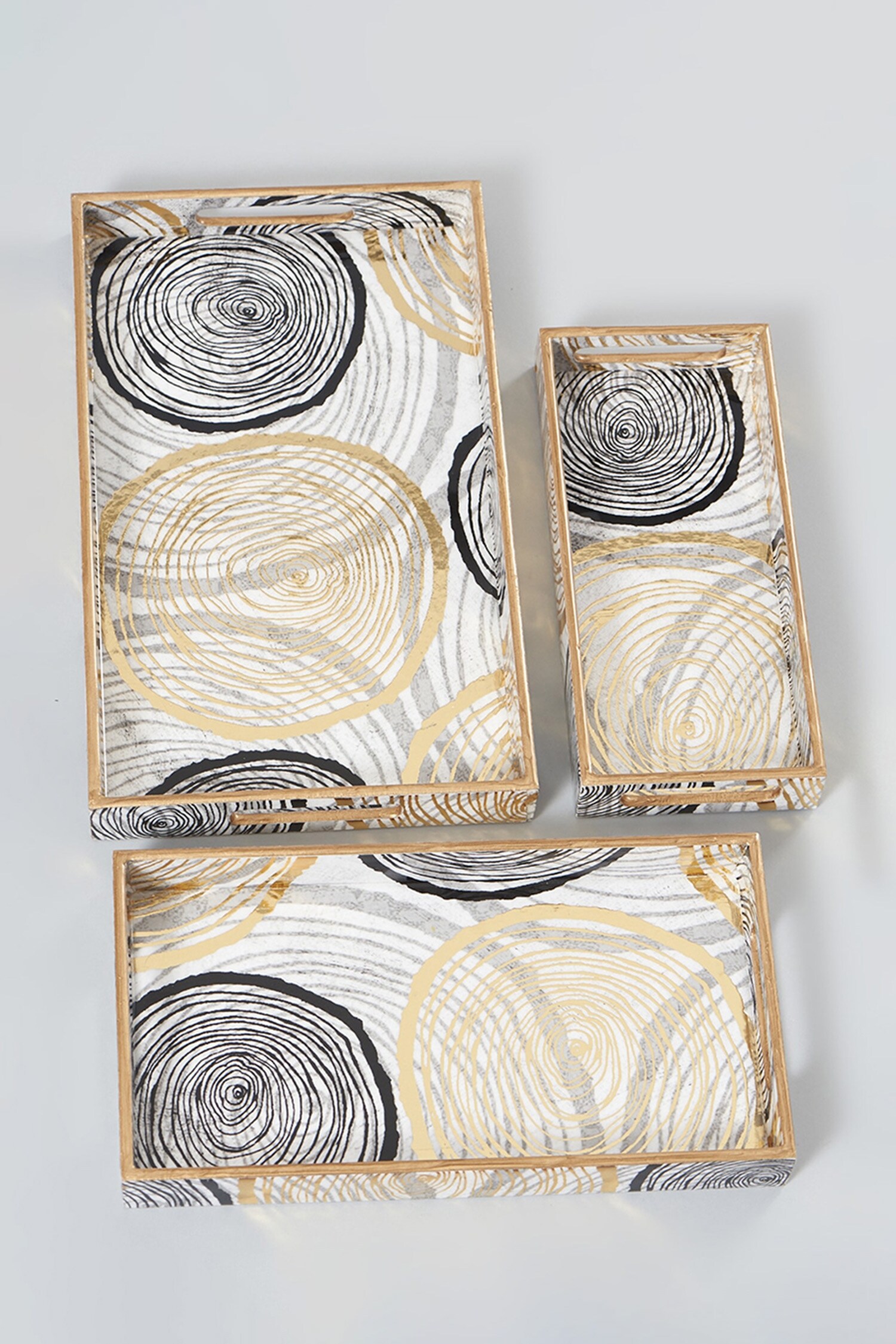 Assemblage Gold Mdf Wood Digital Print Spiral Tray Set Of 3