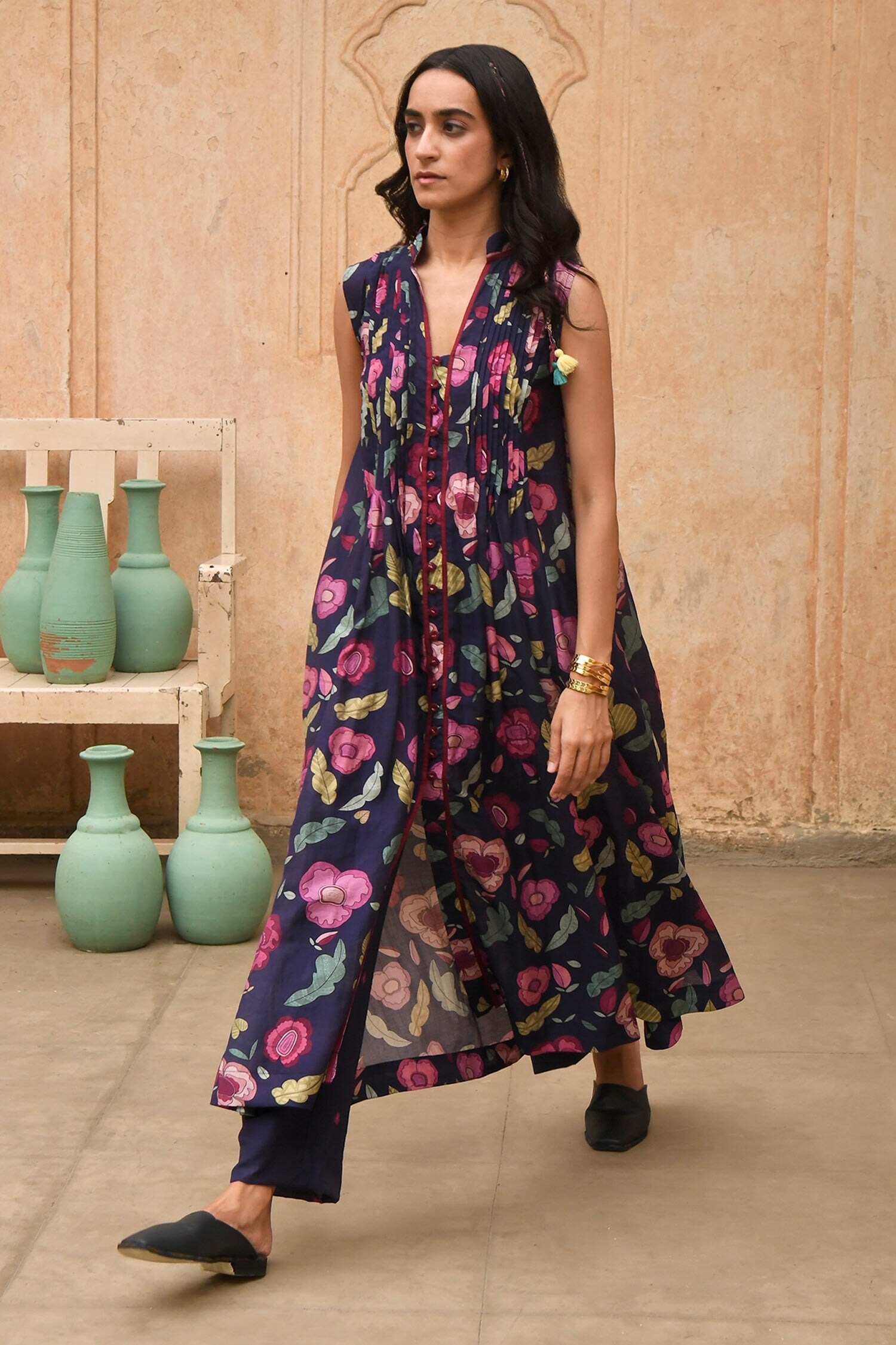 Buy Taro Blue Chanderi Silk Carnation Printed Anarkali And Pant Set ...