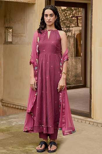 Buy Taro Wine Mulmul Hibiscus Bloom Printed Anarkali Set Online | Aza ...