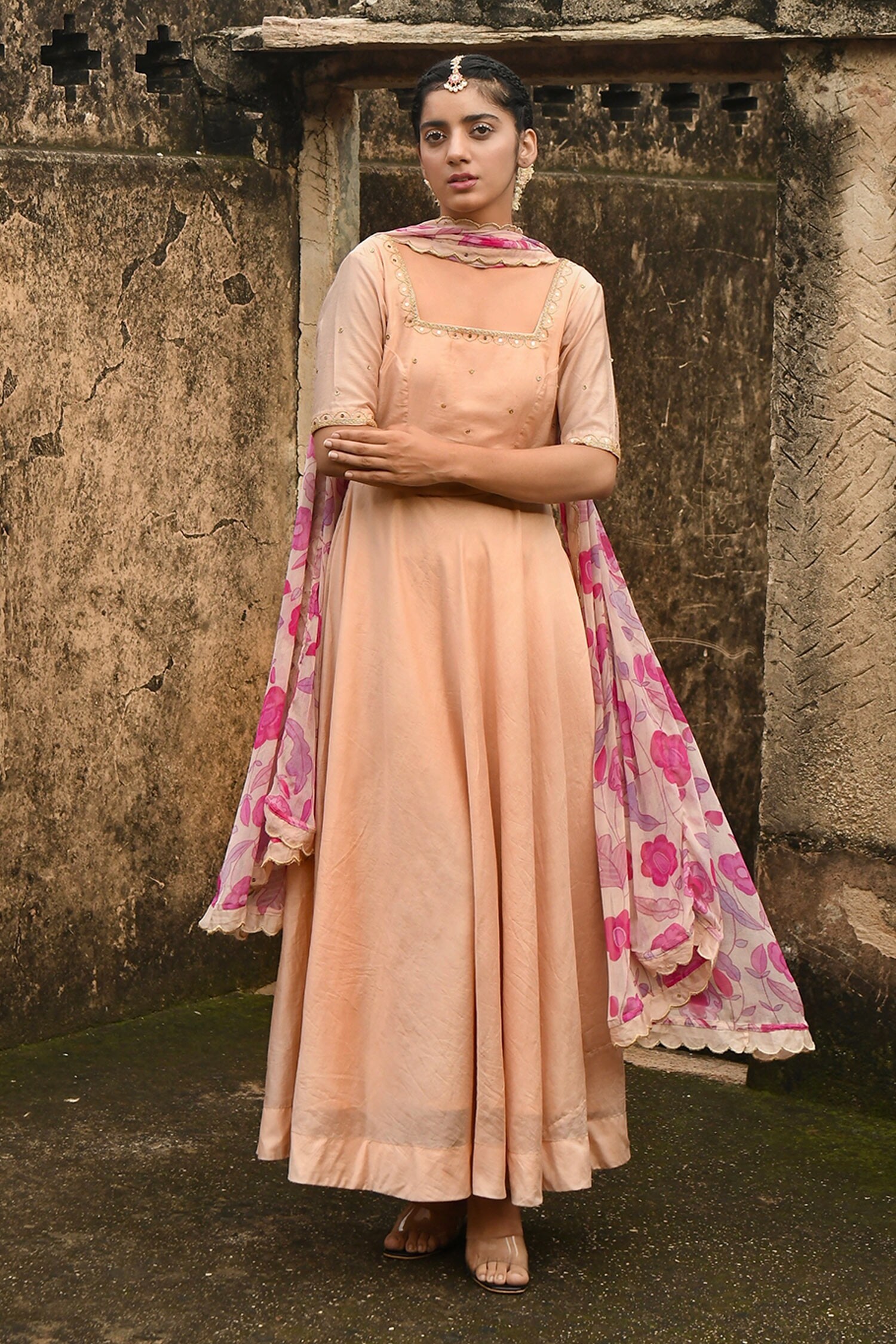 Buy Peach Chanderi Silk Hand Work Sunset Blush Embroidered Anarkali Set ...