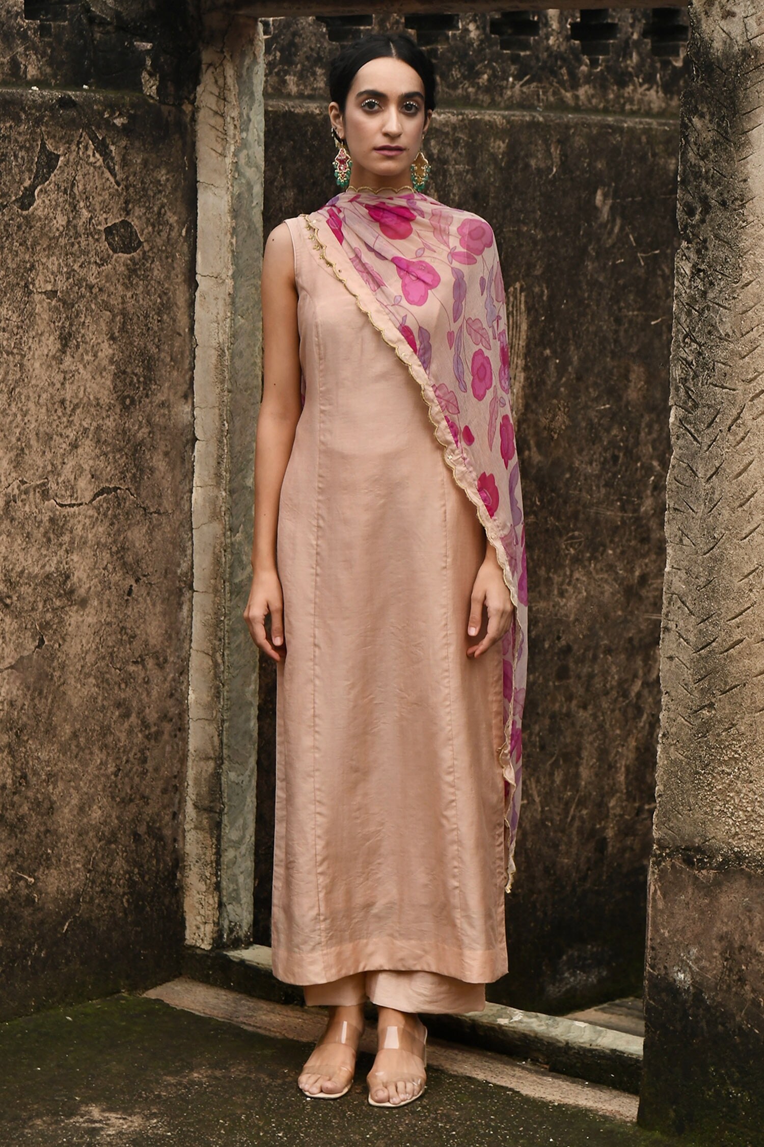 Buy Peach Chanderi Silk Hand Cutdana And Sequin Sugar Rose Kurta Set ...