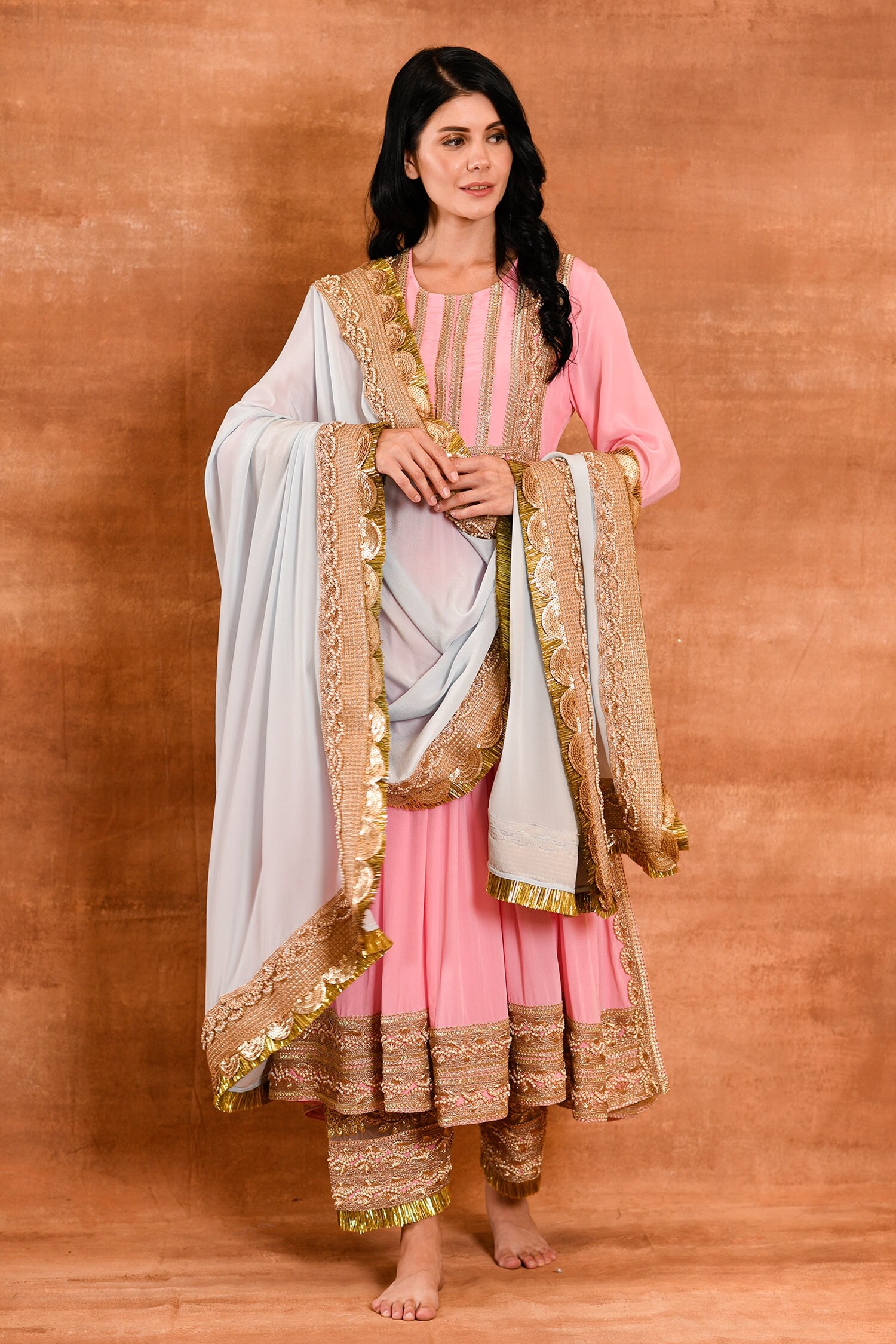 Buy Amrita Artisanal Clothing Pink Crepe Silk Bodice Embroidered Salwar Set Online | Aza Fashions