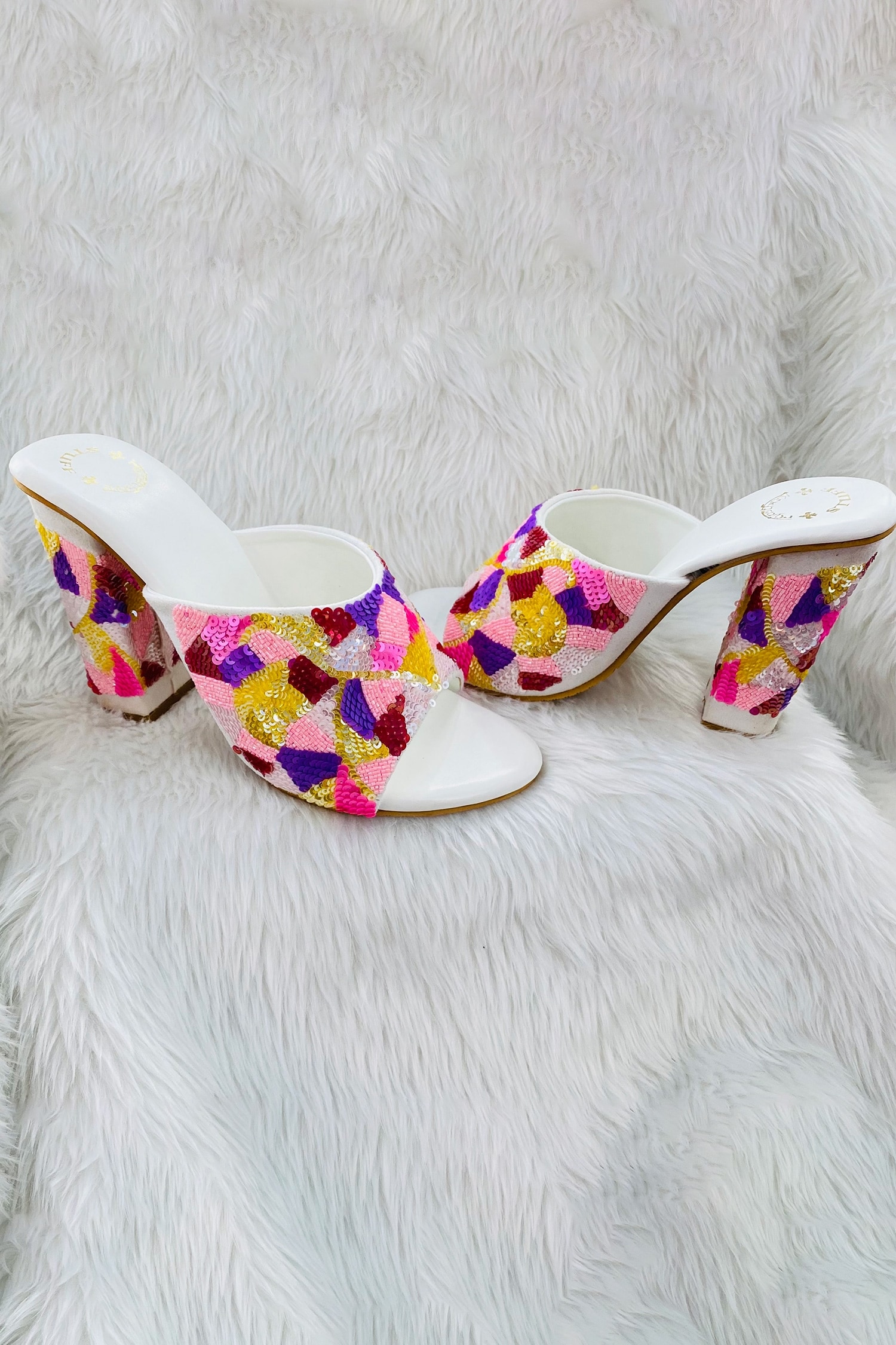 Buy White Hand Embroidered Chamak Sequin Block Heels by Rajasthani ...