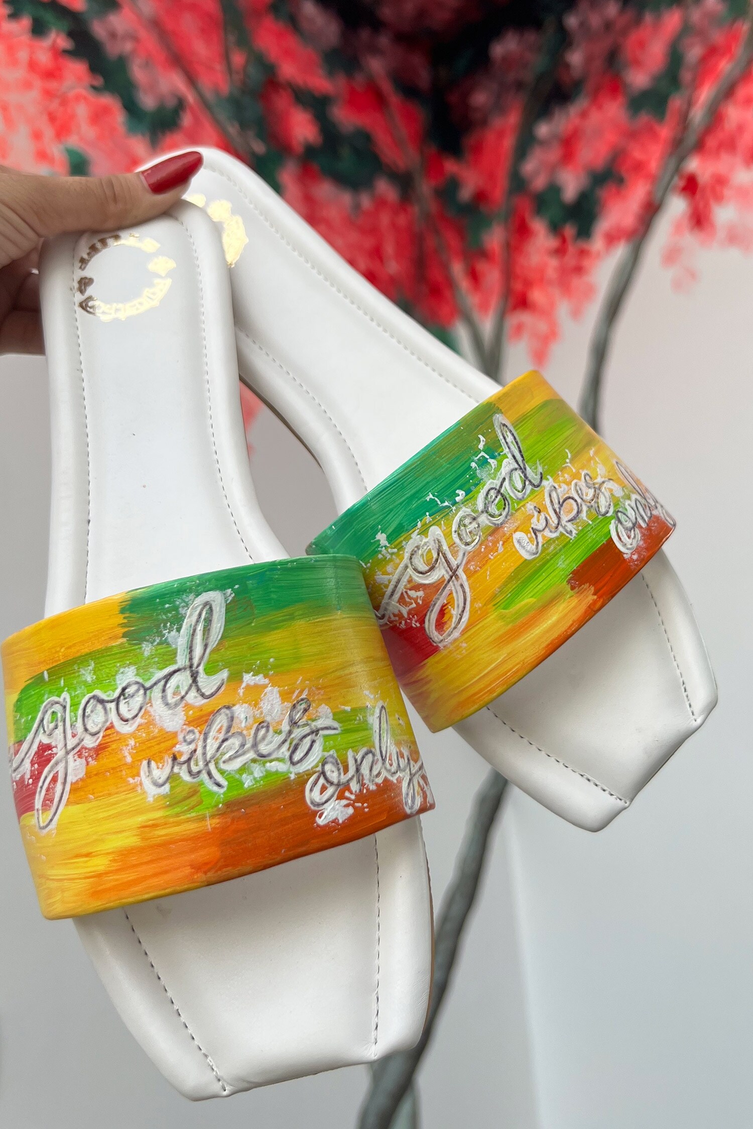Buy Rajasthani Stuff Cream Rexine Good Vibes Only Hand Painted Flats ...