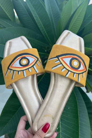 Buy Yellow Hand Painted Hostile Stare Flats by Rajasthani Stuff Online ...