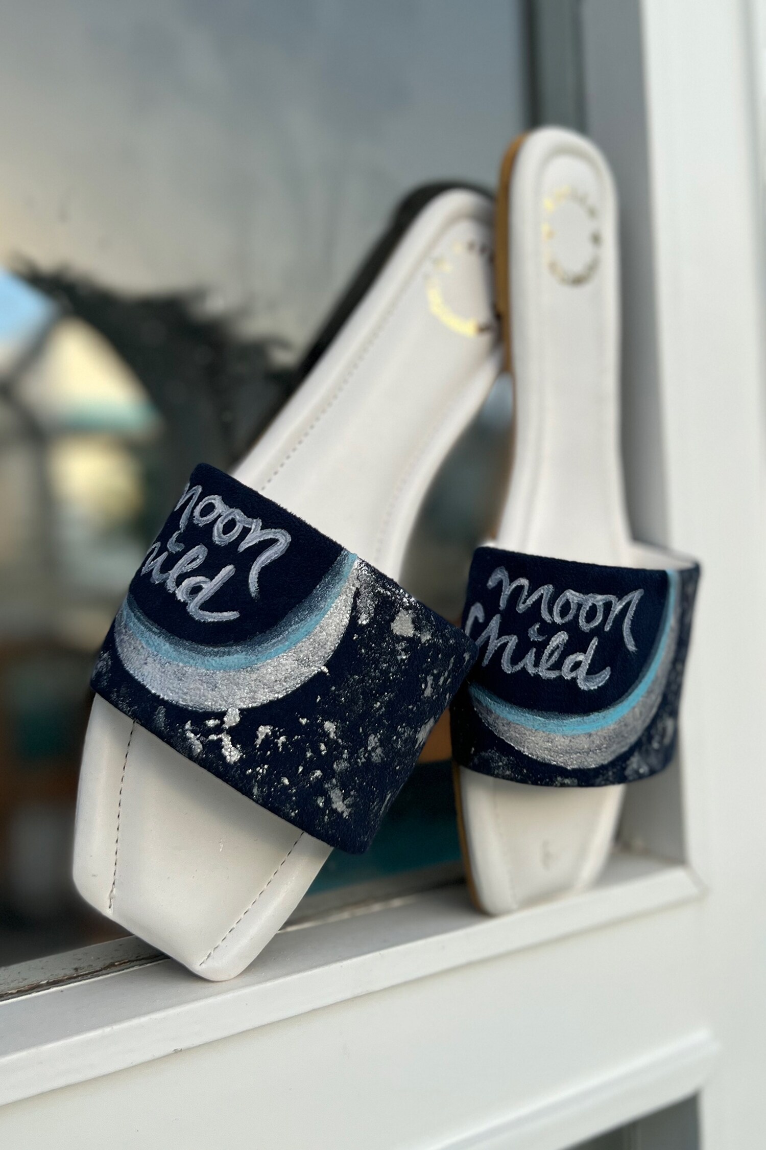 Buy Rajasthani Stuff Blue Suede Moon Child Hand Painted Flats Online ...