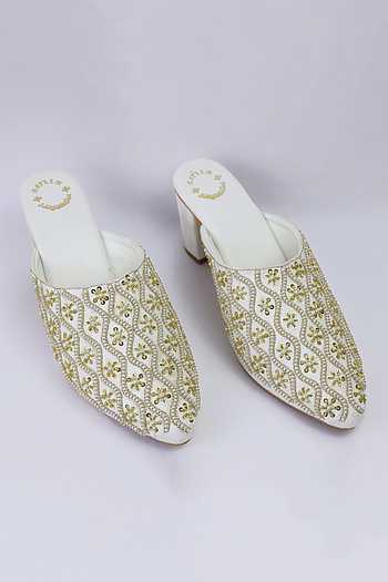 Buy White Embroidered Renu Mule Block Heels by Rajasthani Stuff Online ...