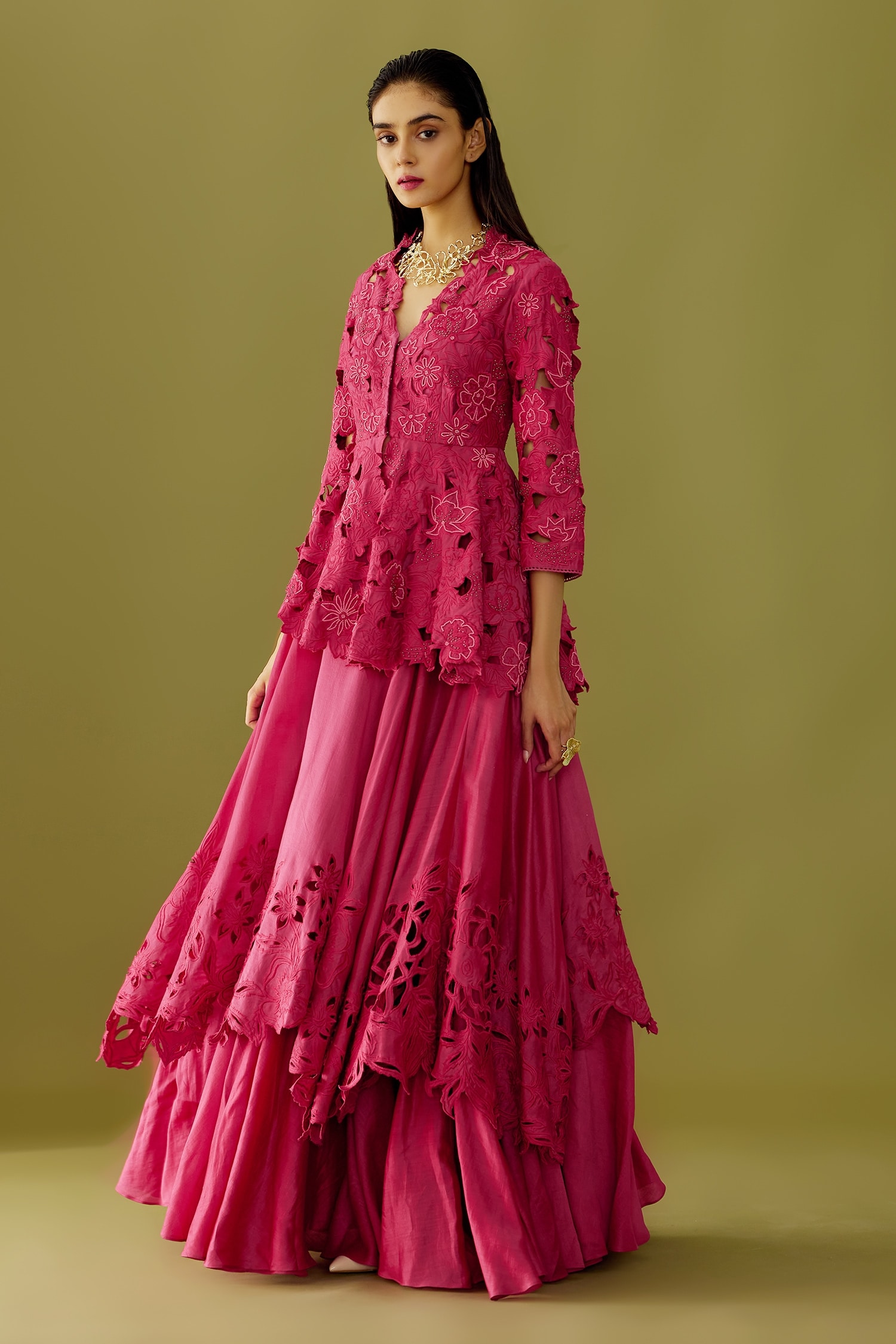 Buy Chandrima Fuchsia Chanderi Floral Cutwork Lehenga Online | Aza Fashions