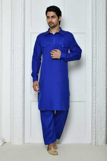 Buy Arihant Rai Sinha Blue Cotton Blend Shirt Collar Pathani Set Online ...