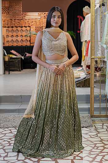 Buy Green Silk Blend Embroidery Geometric V Ombre Lehenga And Blouse ...