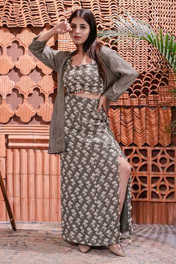 Buy Grey Cotton Blend Print And Embroidery Stripes Blouse Skirt & Set ...