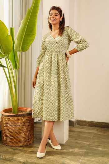 Buy Green 100% Cotton Printed Aztec V Neck Dress For Women by Ruchira ...