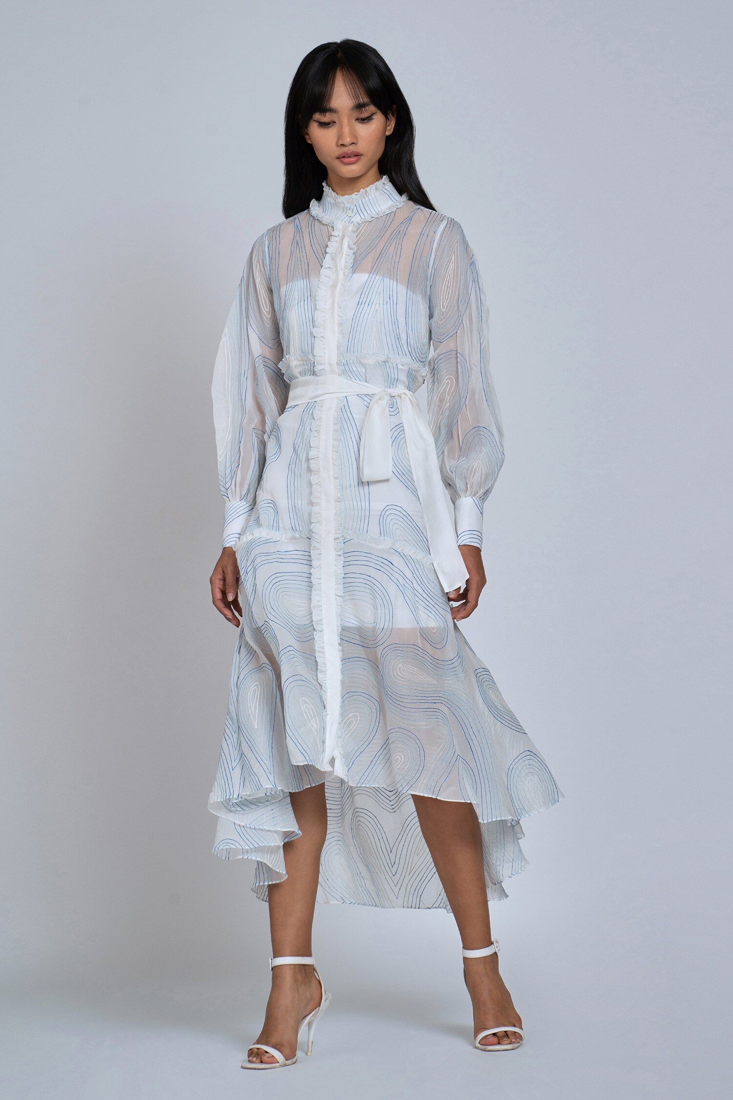 Buy White Organza Embroidery Thread Work Frill Waves Shirt Dress For ...