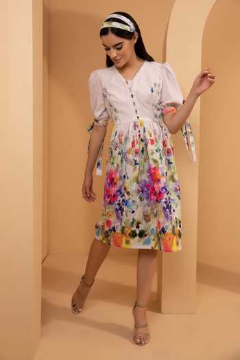 Buy White Crushed Linen Floral V Neck Natalie Dress For Women by Tarini ...