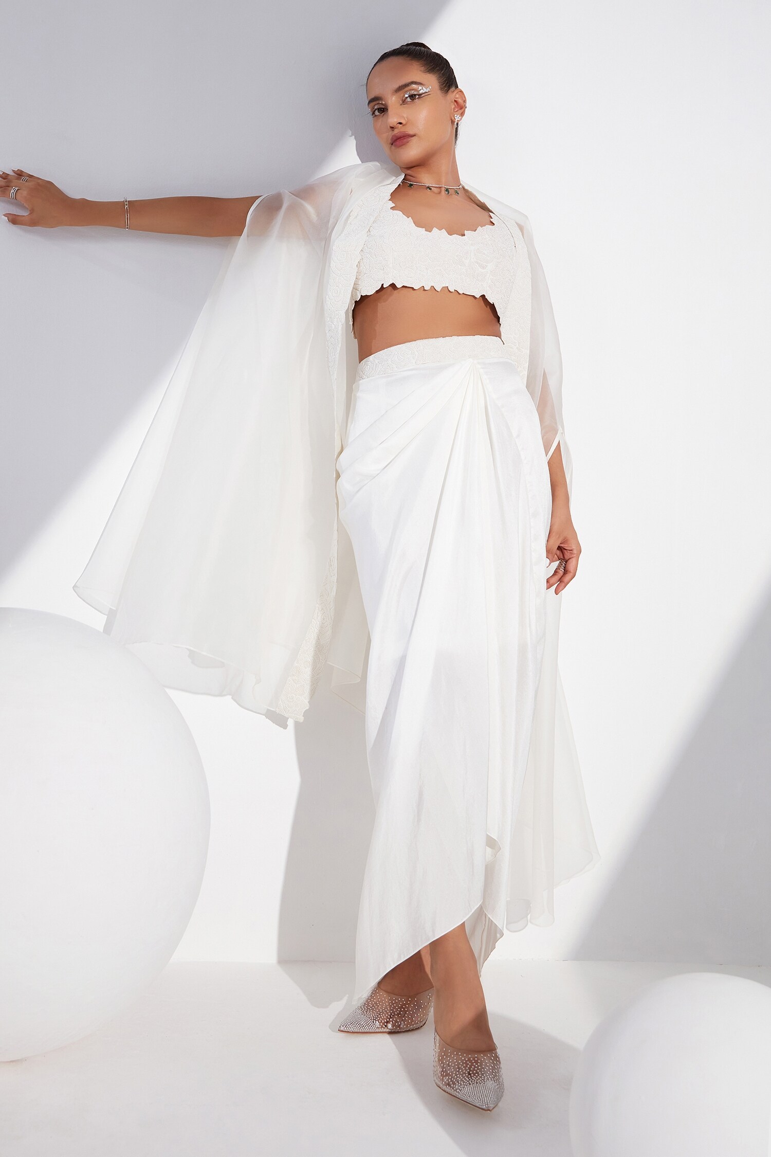 Buy Ivory Crop Top Raw Silk Embroidery Pearl Balsam And Draped Skirt ...