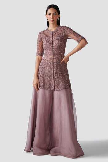 Buy Swati Narula Purple Organza Reem Embroidered Kurta And Sharara Set ...