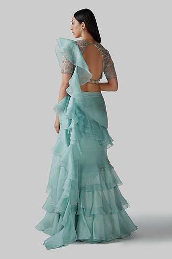 Buy Swati Narula Blue Organza Widad Ruffled Pre-draped Saree With ...
