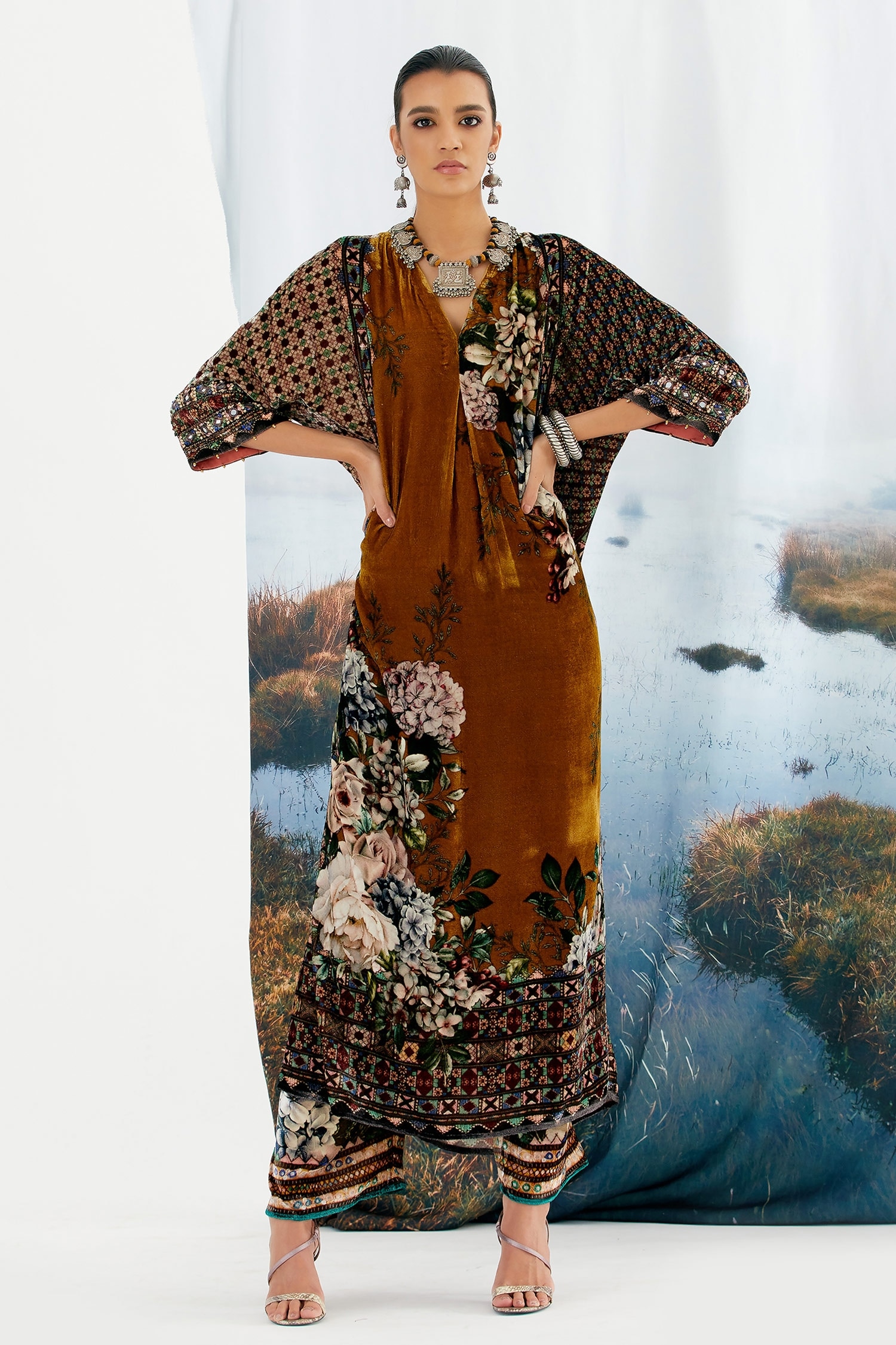 Buy Yellow Silk Velvet Printed Floral V Neck Banera Kimono Tunic For ...