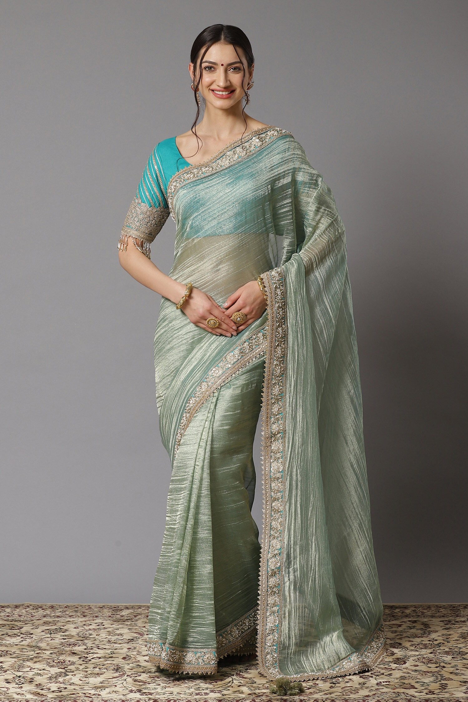 Buy Shikhar Sharma Blue Woven Metallic Saree With Raw Silk Blouse ...