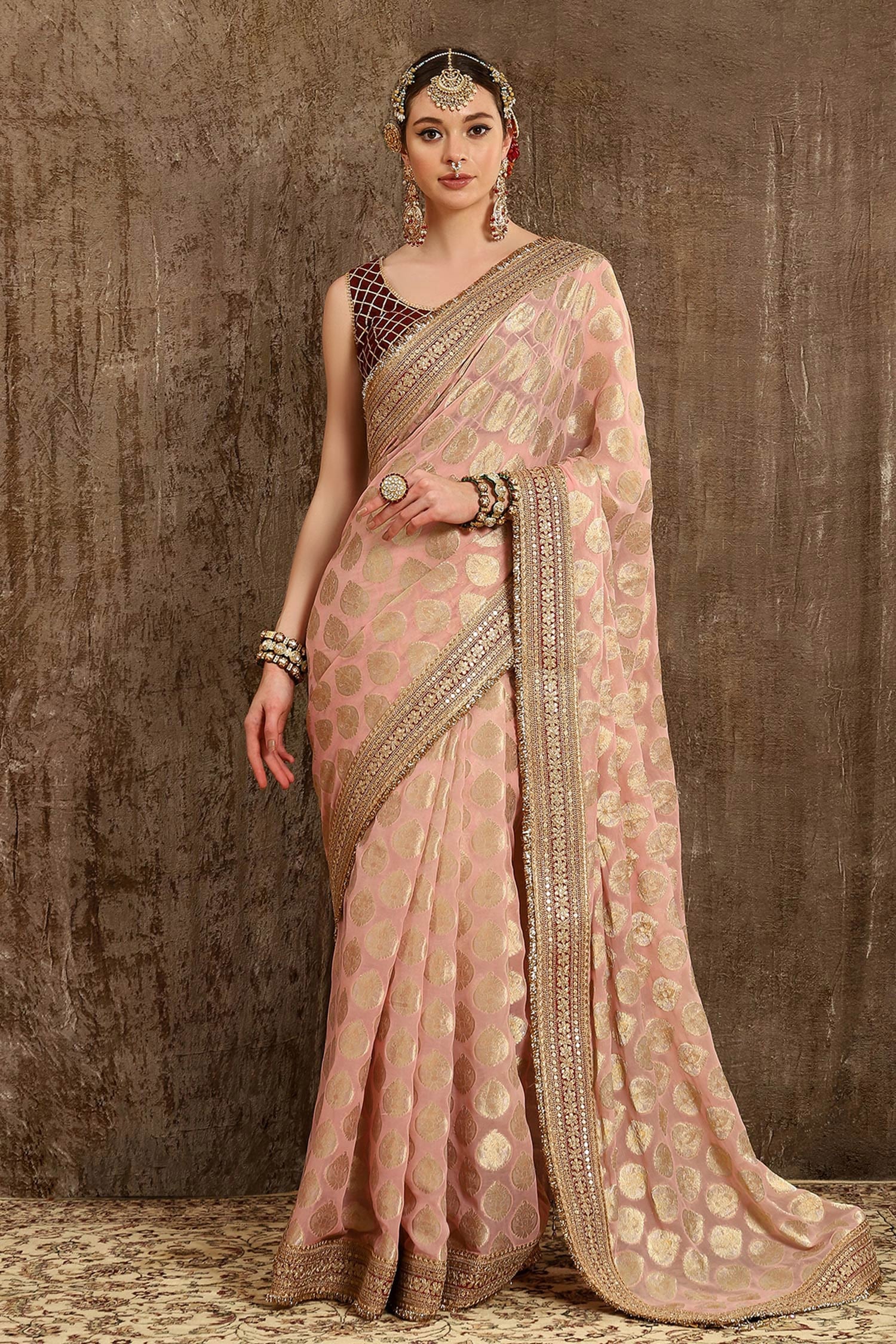 Buy Pink Saree: Georgette Embroidered And Ornamental Woven With Blouse ...