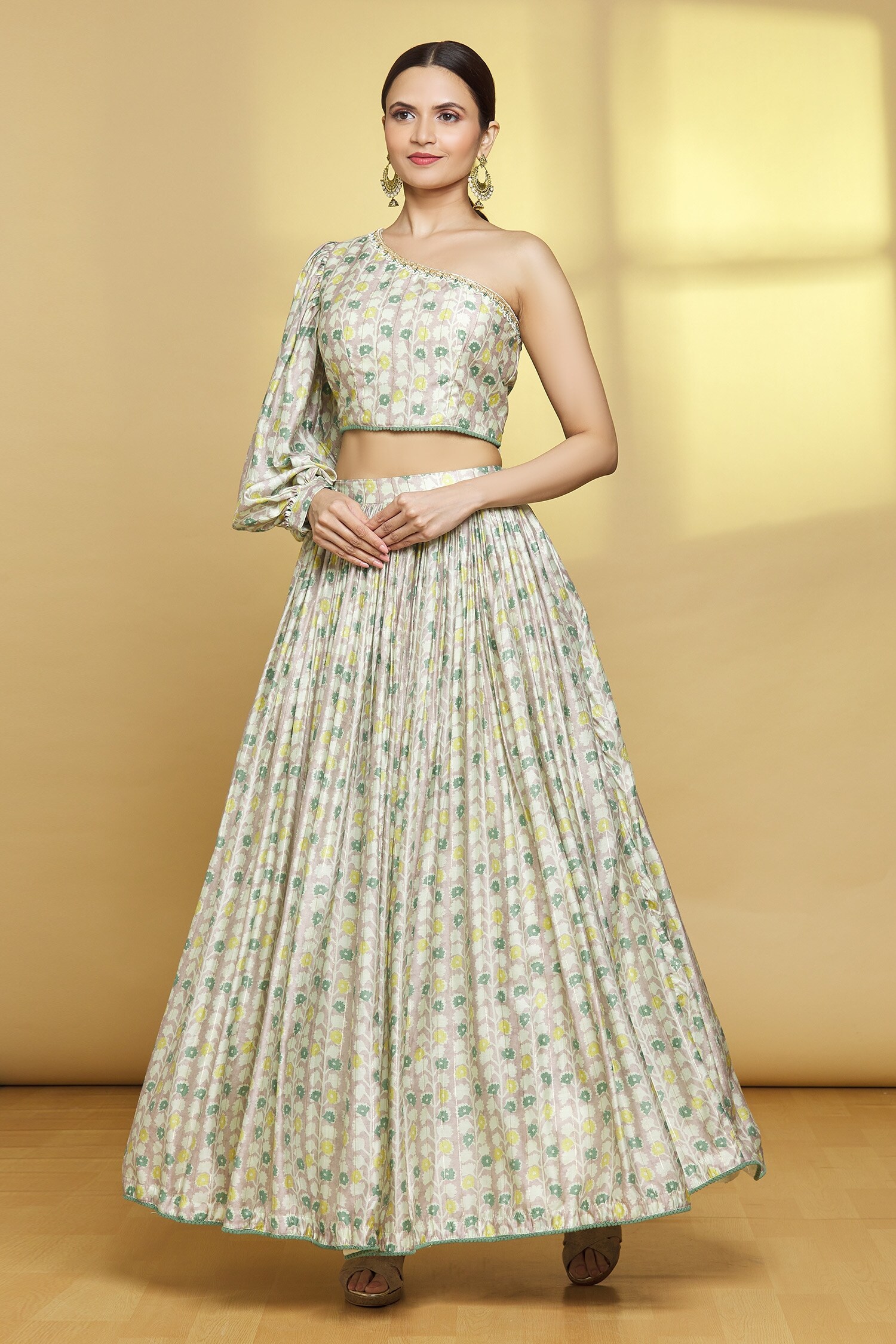 Buy Multi Color Chanderi Floral One Shoulder Blouse And Lehenga Set For ...