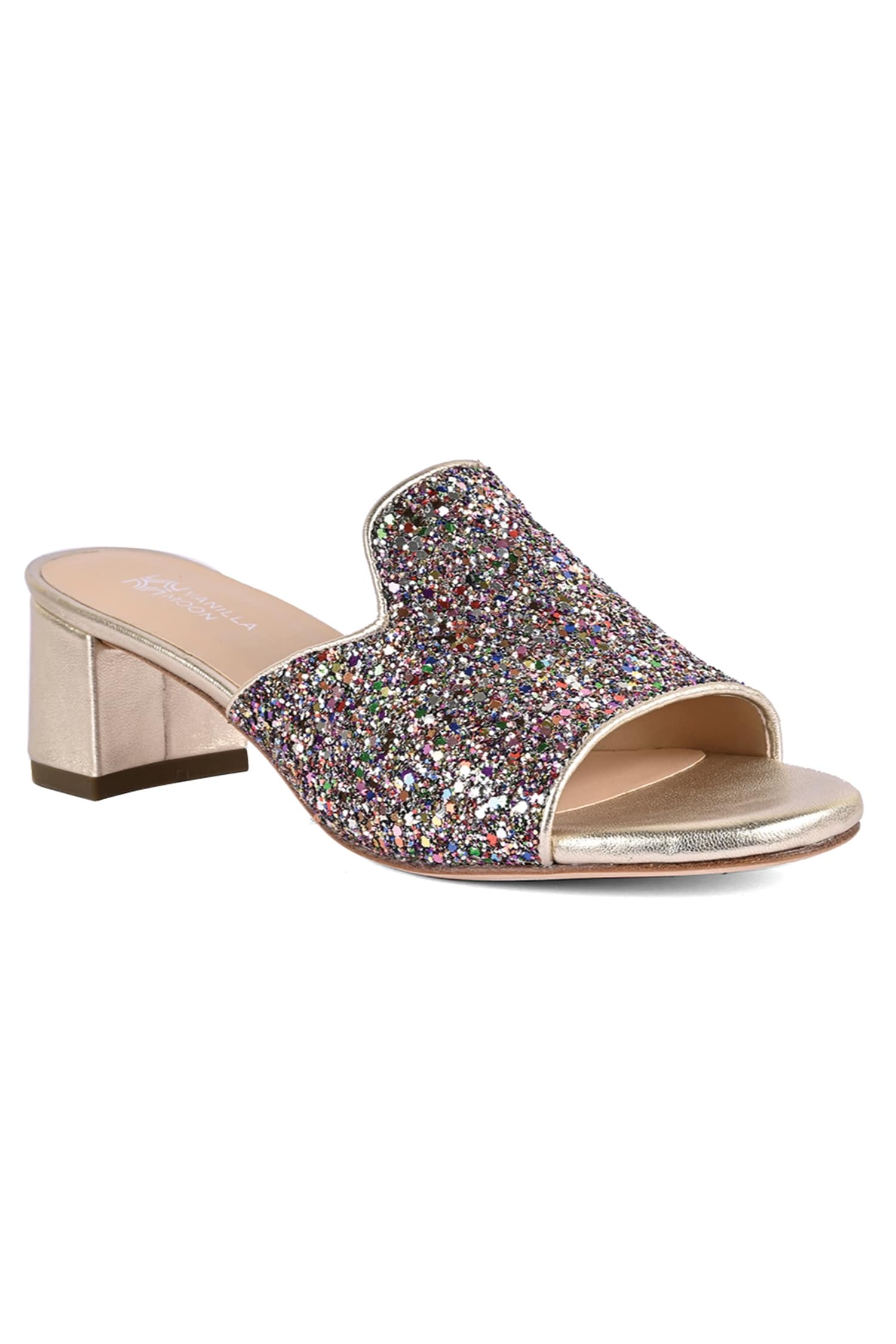 Buy Vanilla Moon Multi Color Textile Rosy Glittery Block Heel Mules ...