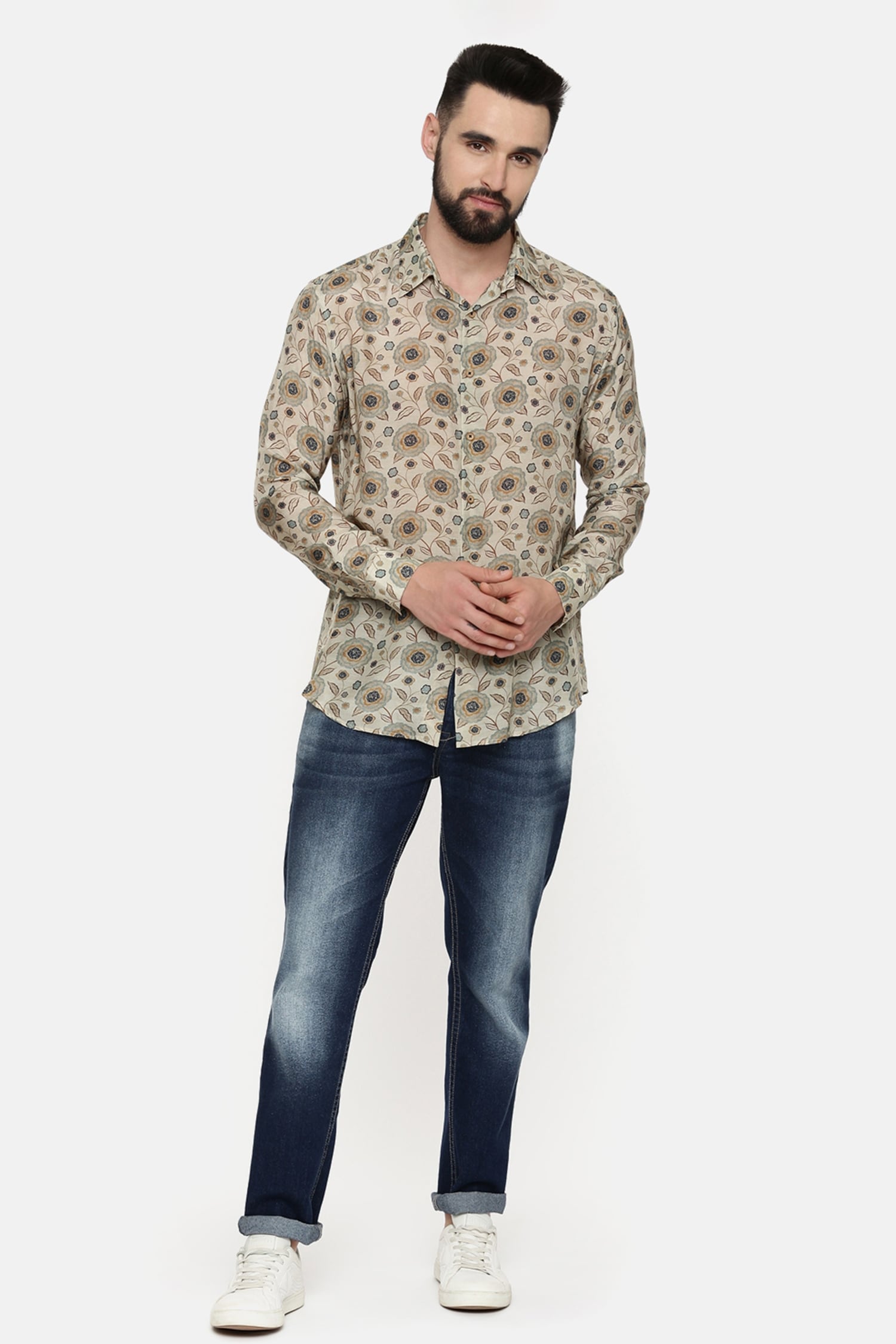 Buy Mayank Modi - Men Beige Fine Muslin Geometric Print Shirt Online ...