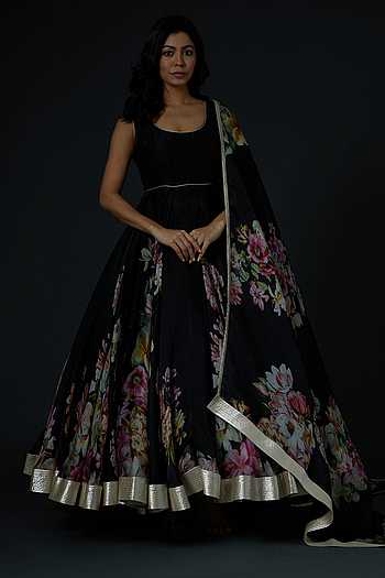 Buy Rohit Bal Black Cotton Floral Print Anarkali Set Online | Aza Fashions
