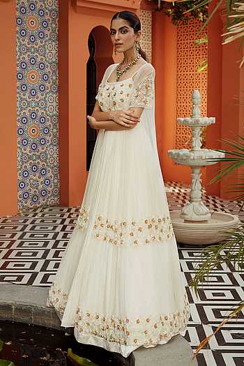 Buy Ivory Chiffon Embroidery Beads Anarkali: Square Neck With Cape For ...