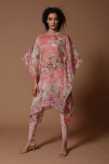 Buy Pink Lining: Organza Printed Floral Round Tunic And Pant Set For ...