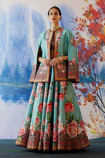 Buy Green Dupion And Embroidery Floral Leela Cape & Skirt Set For Women ...