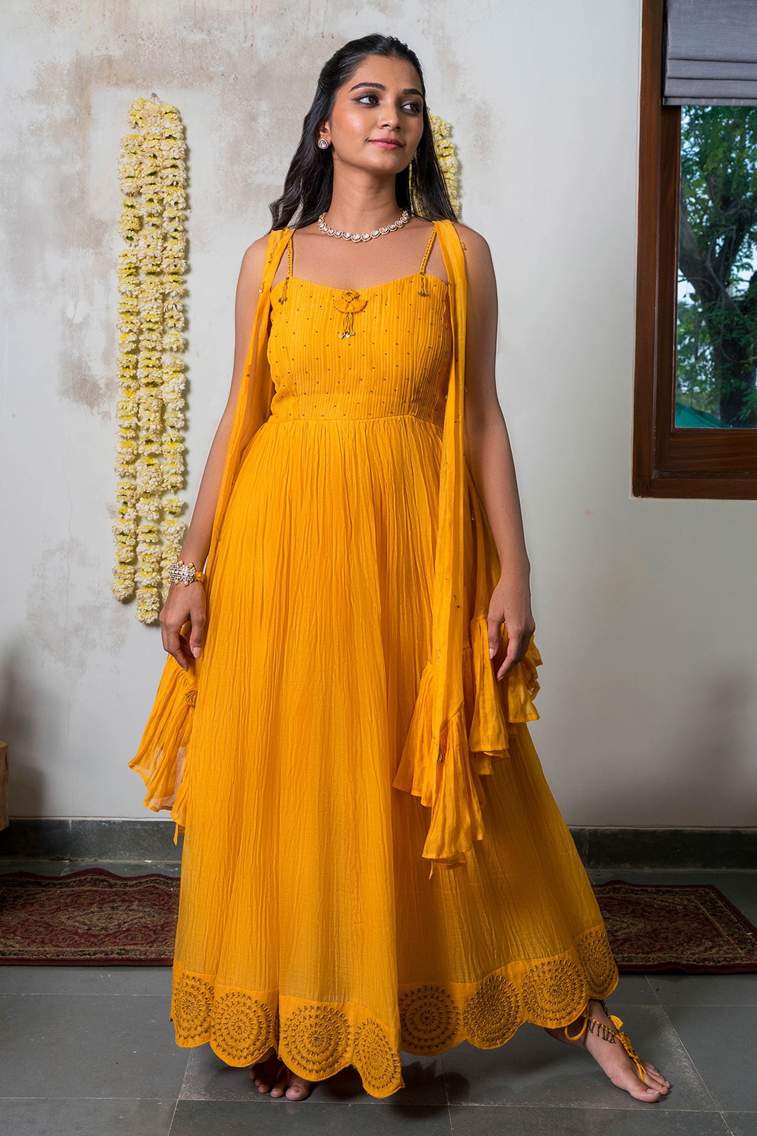 Buy The Right Cut Yellow Chanderi Silk Mina Anarkali With Jacket Online ...