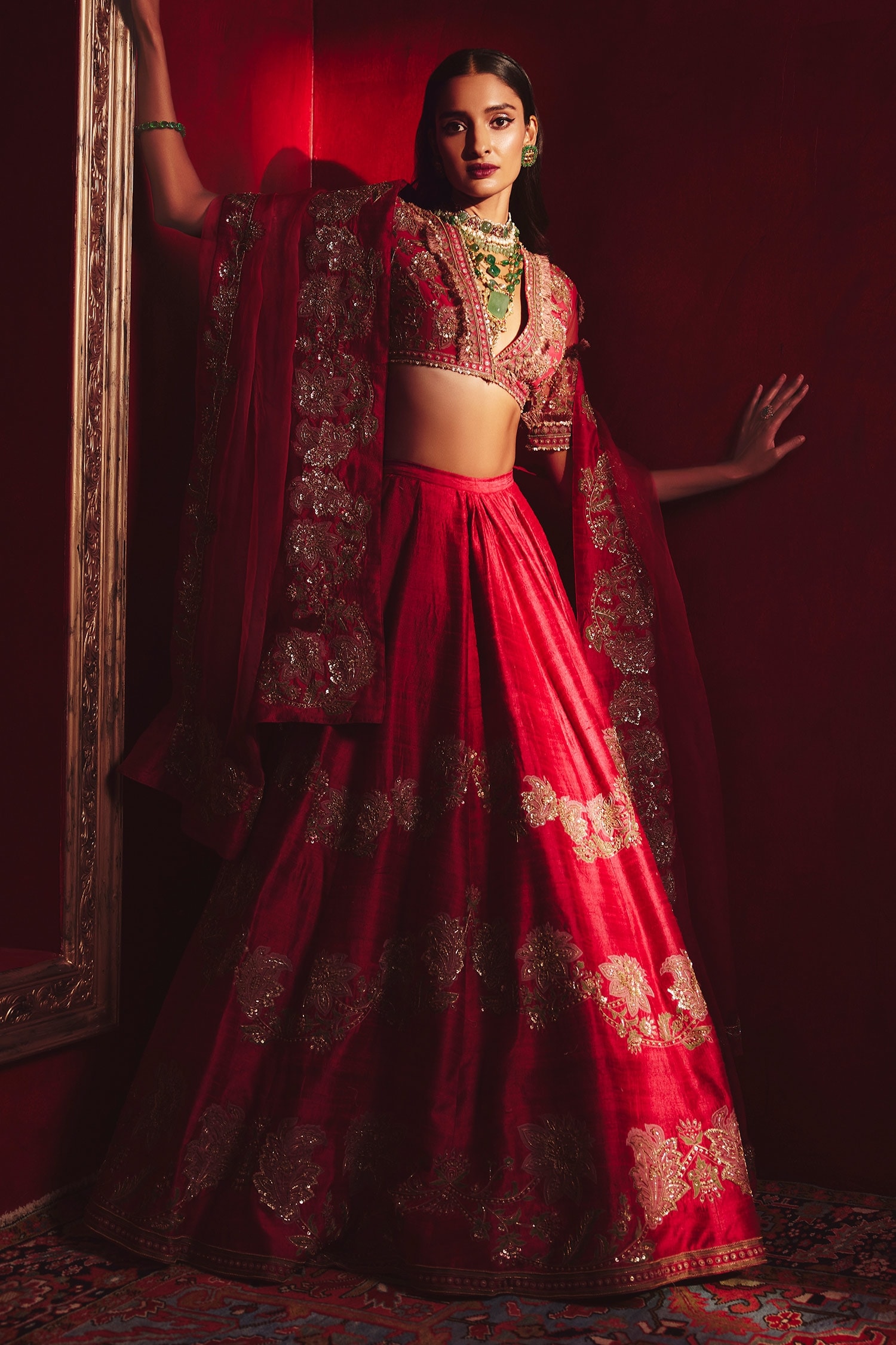 Buy Red Blouse Net Embroidery Thread V Neck Reanna Bridal Lehenga Set