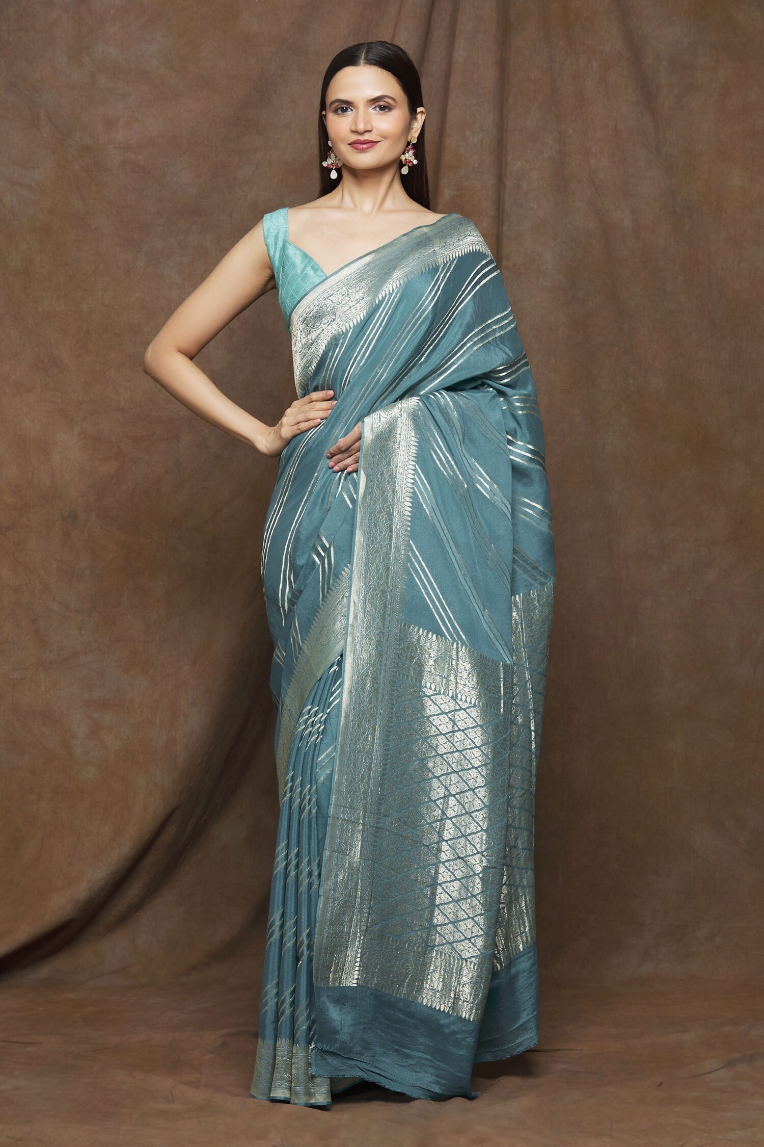 Buy Turaja Blue Pure Crepe Saree Online | Aza Fashions