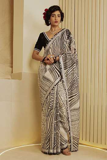 Buy Black Chanderi Embroidered Abstract And Floral Print Saree For ...