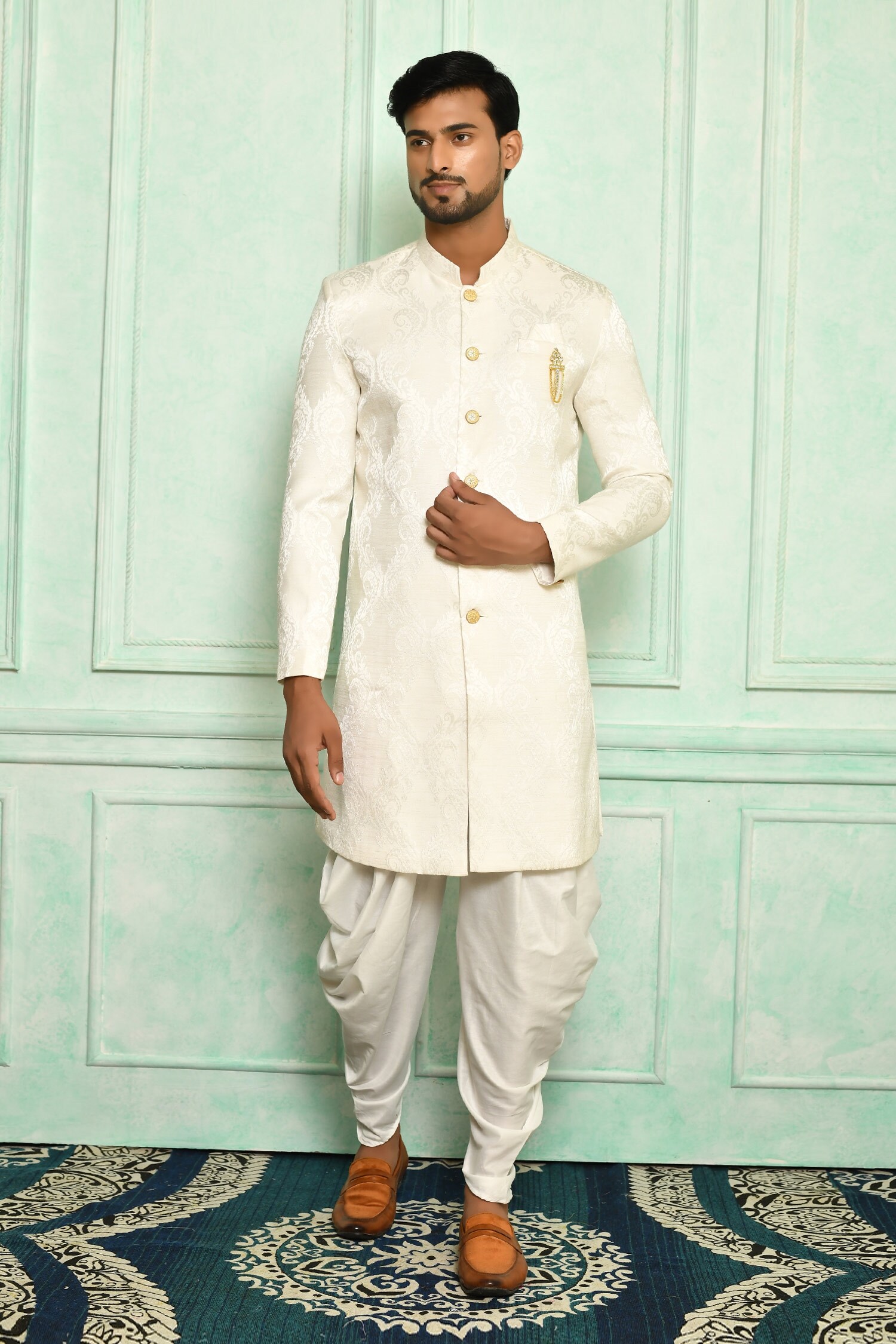 Buy Off White Sherwani Brocade Floral Pattern And Dhoti Pant Set For ...