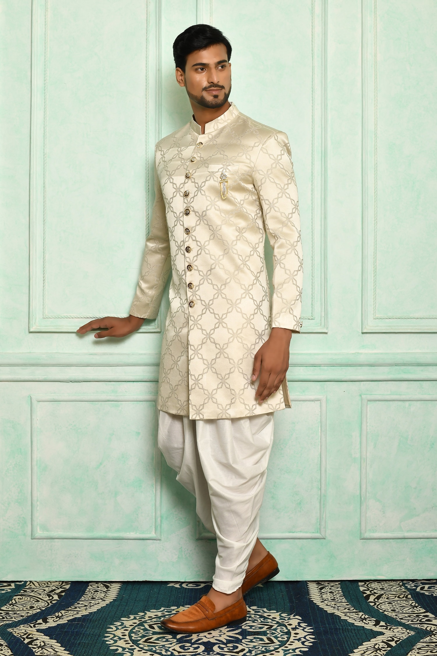 Buy Cream Sherwani: Brocade Geometric Pattern And Dhoti Pant Set For ...