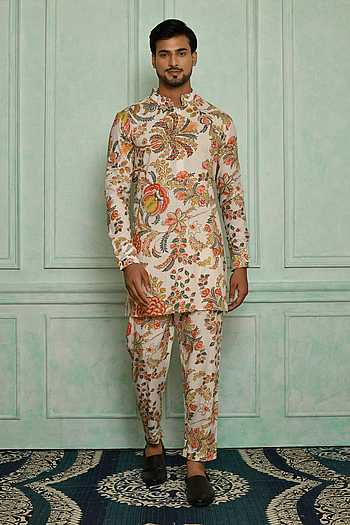 Buy Pranay Baidya White Cotton Floral Print Short Kurta Online | Aza ...