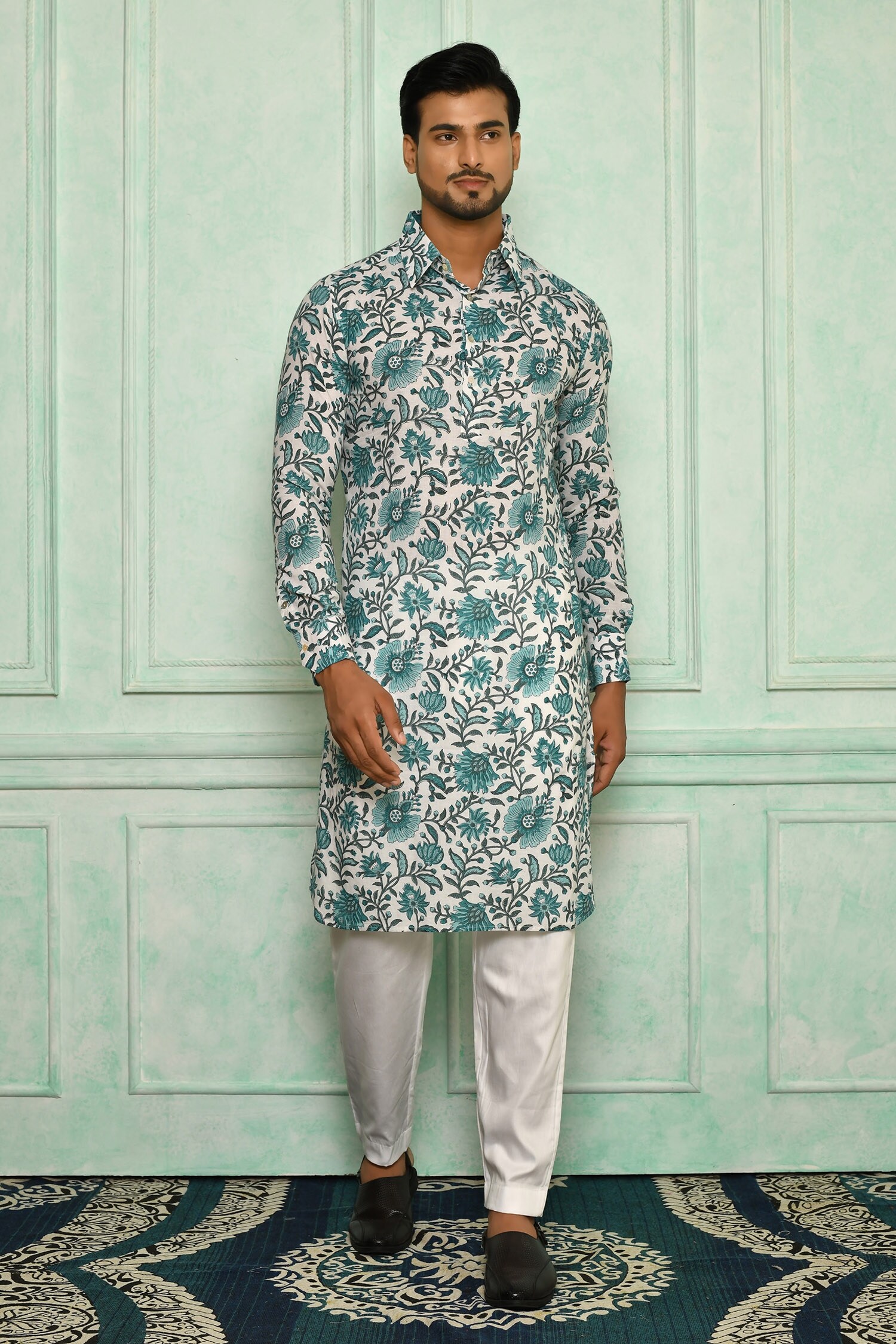 Buy Pranay Baidya Blue Cotton Jaali Print Kurta Set Online | Aza Fashions