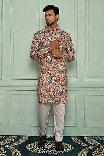 Buy Peach Cotton Printed Floral Kurta Set For Men by Pranay Baidya ...