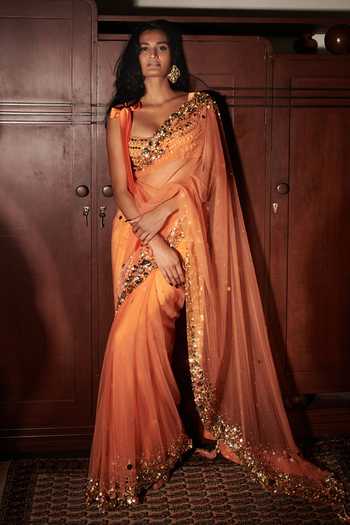 Buy Orange Net And Polyester Satin Embellished Mirror & Pearls Scoop ...