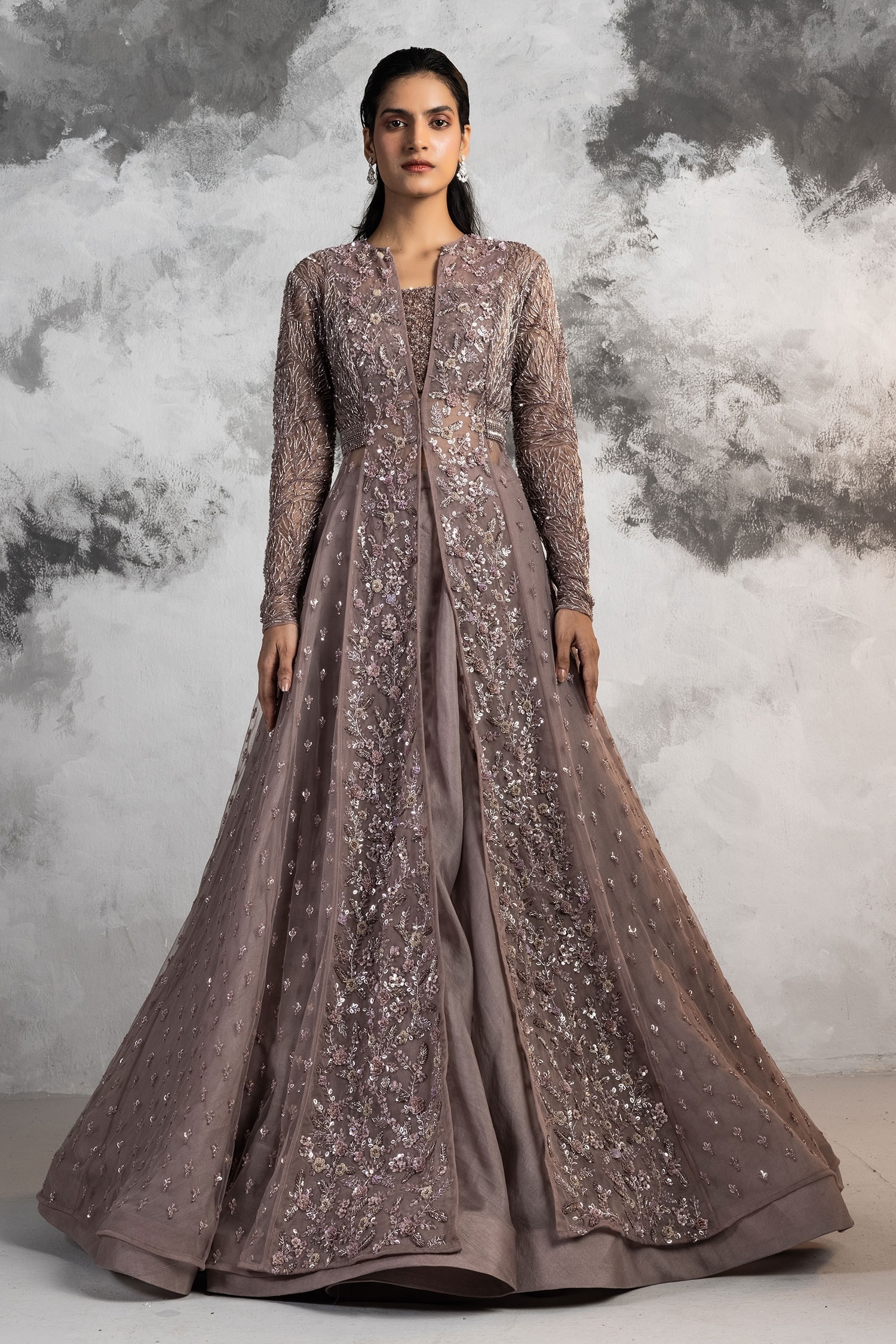 Buy Purple Organza Hand Embroidered Floral Pattern Jacket V Lehenga Set ...