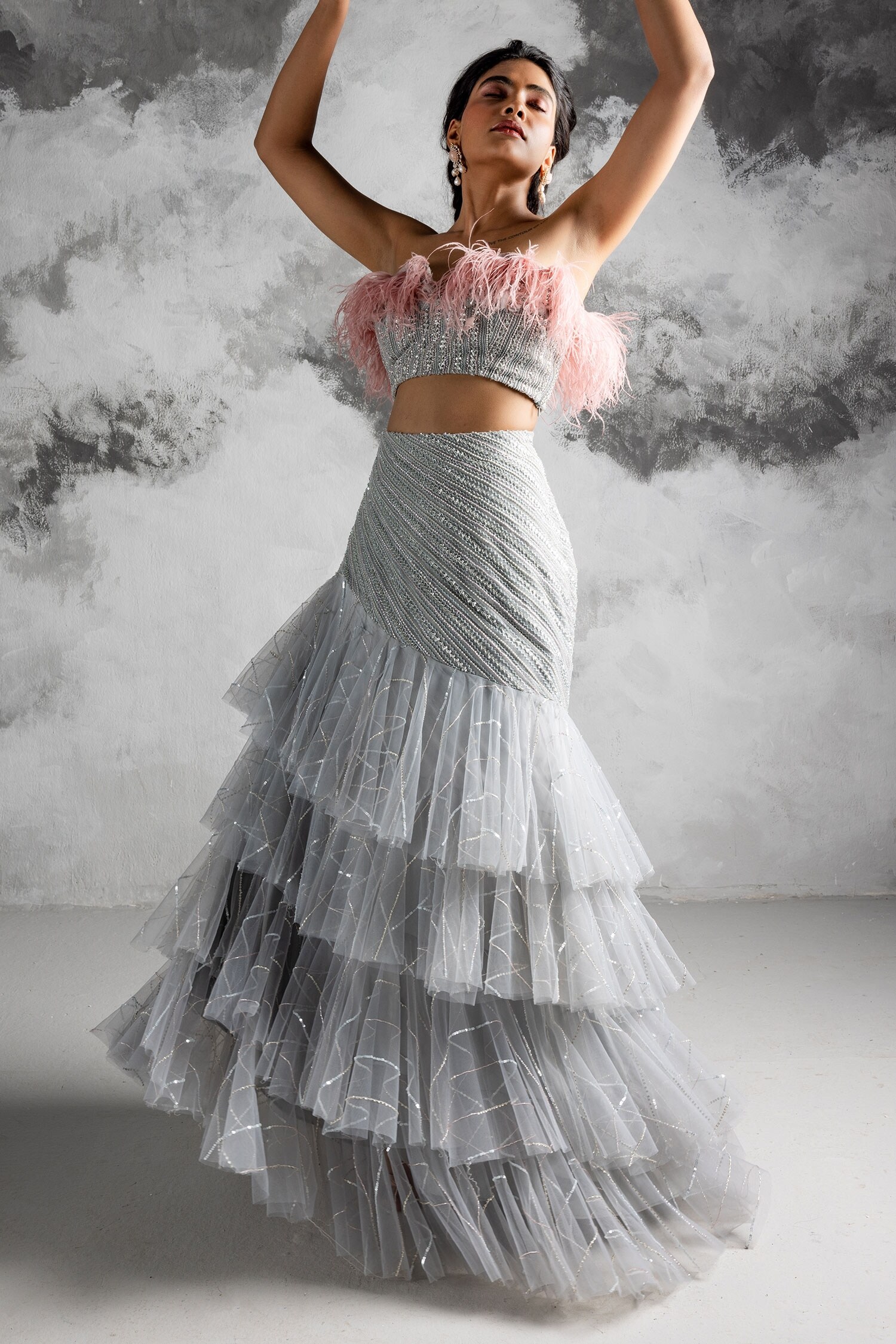 Buy Blue Net Hand Embroidered Feather Embellished Blouse And Frill ...