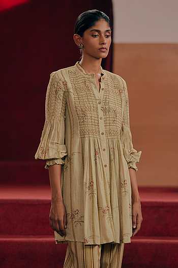 Buy Beige 100% Cotton Printed And Embroidered Regent Porto Gathered ...