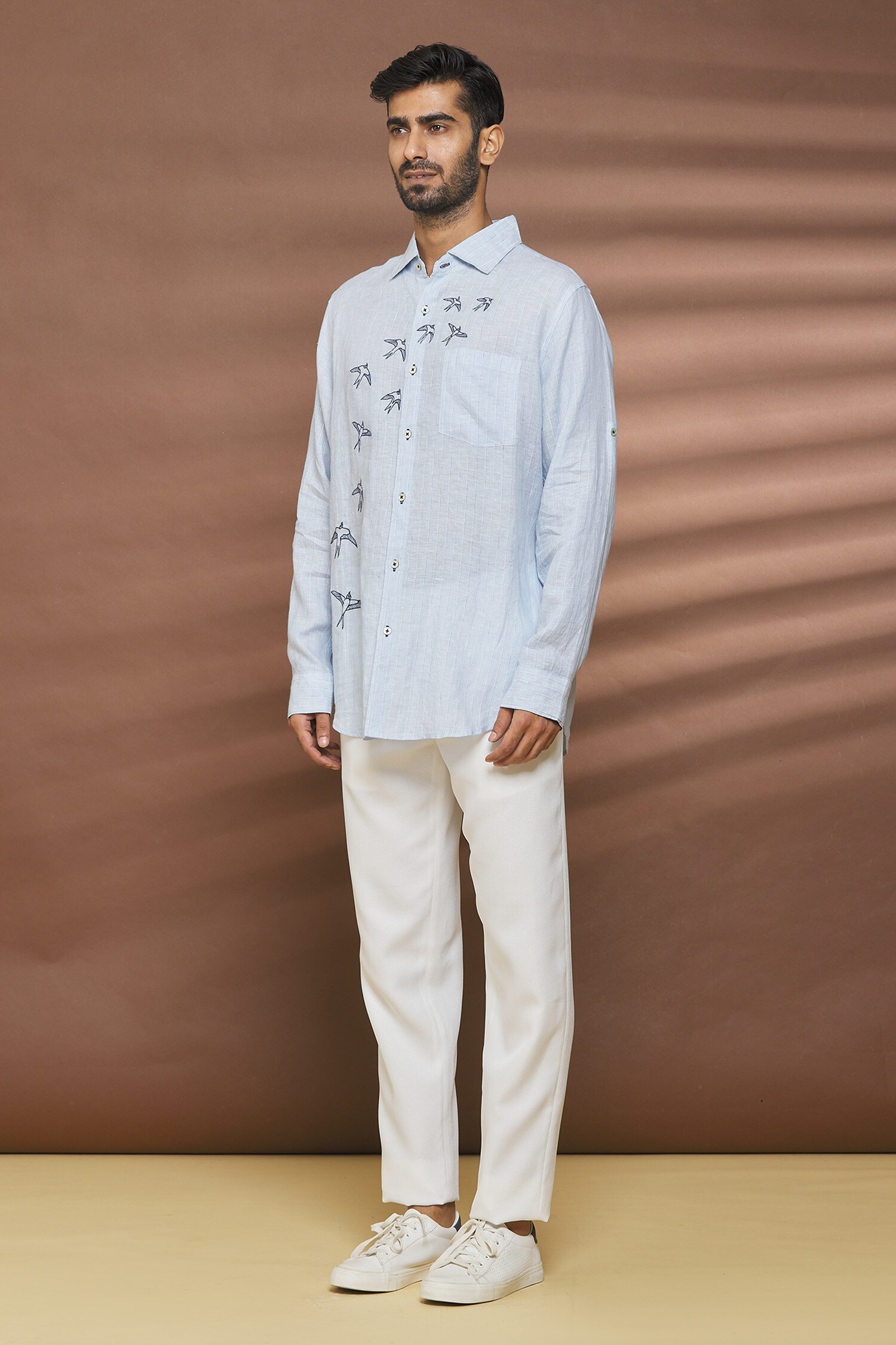 Buy Linen Bloom Blue Linen Bird Motif Embroidered Shirt Online | Aza ...